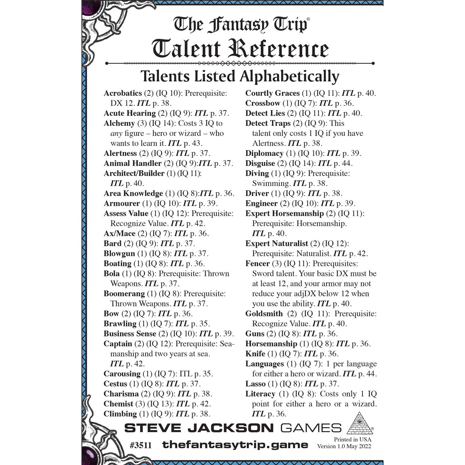 The Fantasy Trip Talent Reference | Warehouse 23